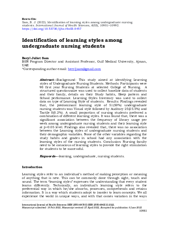 (PDF) Identification of learning styles among undergraduate nursing students