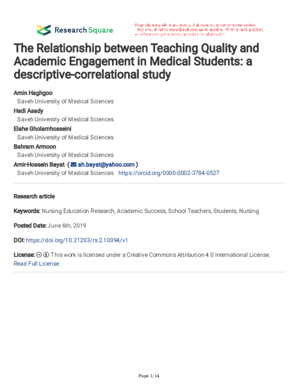 (PDF) The Relationship between Teaching Quality and Academic Engagement in Medical Students: a ...