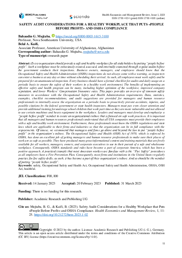 (PDF) Safety Audit Considerations for a Healthy Workplace that Puts «People Before Profit» and ...