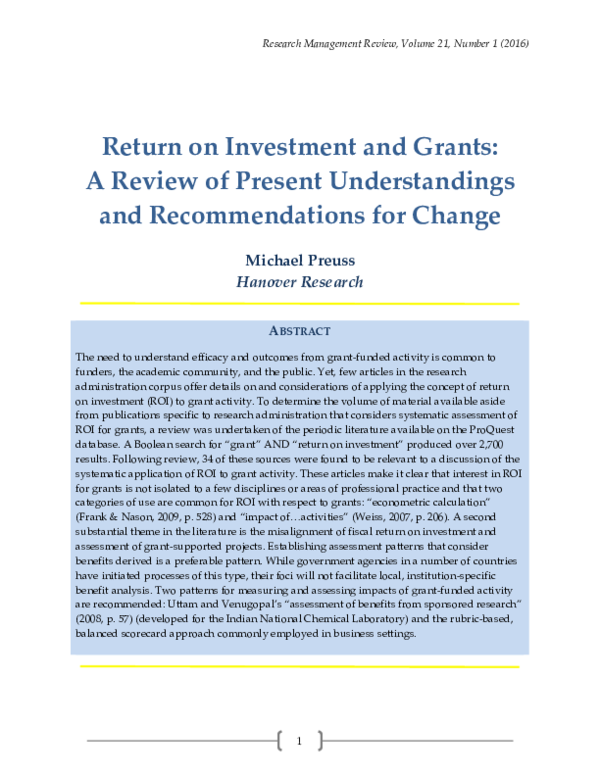(PDF) Return on Investment and Grants: A Review of Present ...
