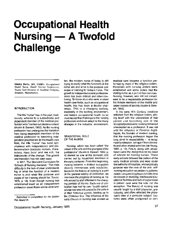 (PDF) Occupational Health Nursing — A Twofold Challenge
