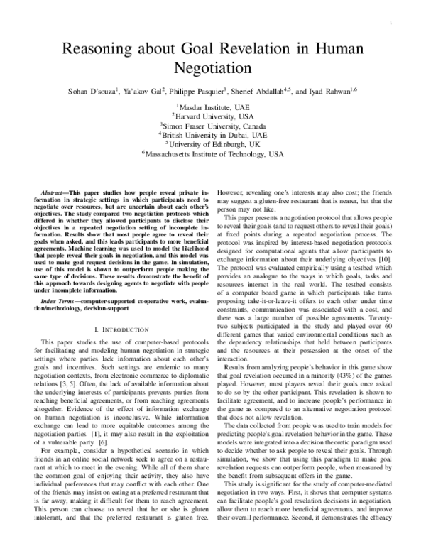 (PDF) Reasoning about Goal Revelation in Human Negotiation