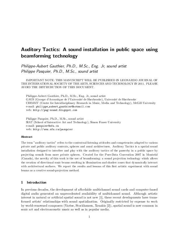 (PDF) Auditory Tactics: A Sound Installation in Public Space Using Beamforming Technology