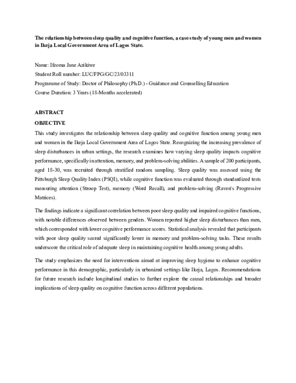(PDF) THE RELATIONSHIP BETWEEN SLEEP QUALITY AND COGNITIVE FUNCTION.