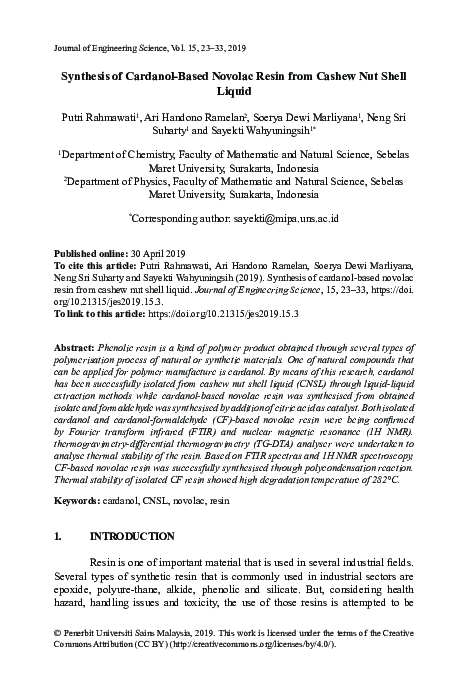 (PDF) Synthesis of Cardanol-Based Novolac Resin from Cashew Nut Shell ...