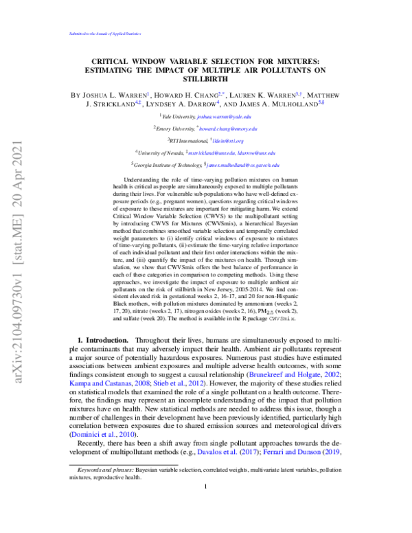 (PDF) Critical Window Variable Selection for Mixtures: Estimating the ...