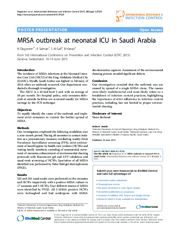 (PDF) MRSA outbreak at a neonatal ICU in Saudi Arabia