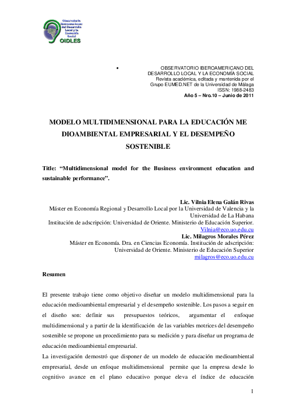 (PDF) Modelo Multidimensional Para La Educación Medioambiental Empresarial y El Desempeño Sostenible