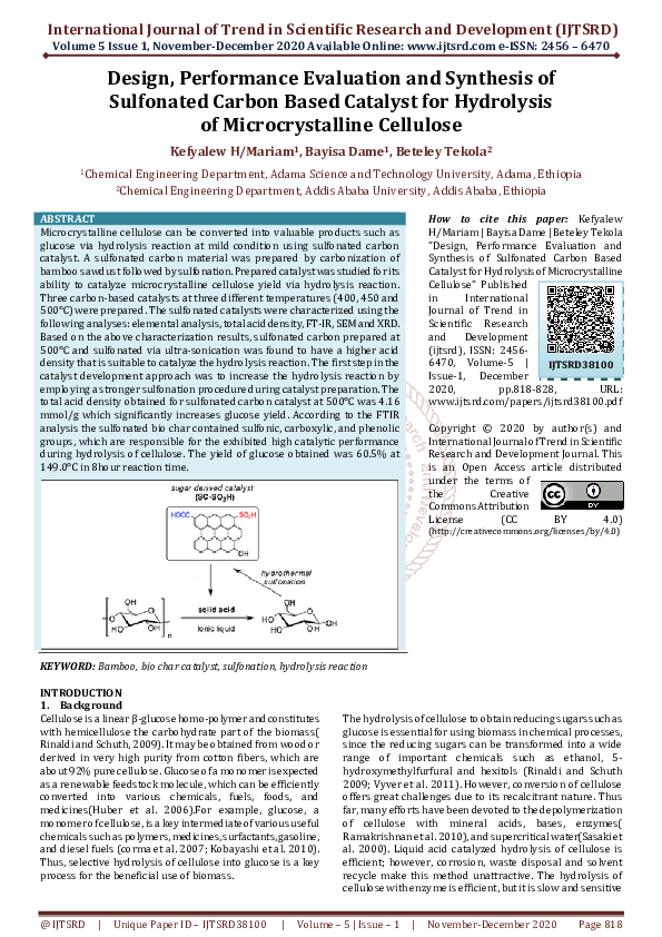 (PDF) Design, Performance Evaluation and Synthesis of Sulfonated Carbon Based Catalyst for ...