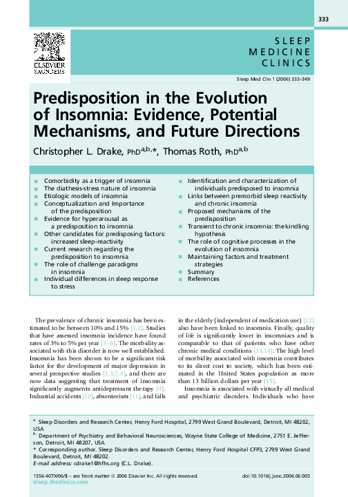 Predisposition in the Evolution of Insomnia: Evidence, Potential ...