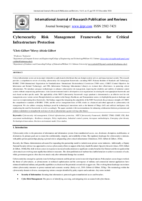(PDF) Cybersecurity Risk Management Frameworks for Critical ...