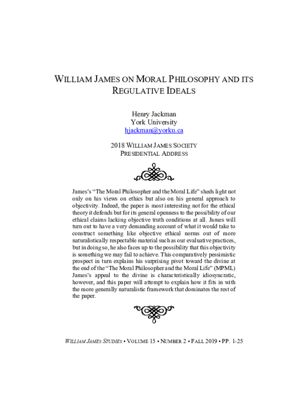 (PDF) William James on Moral Philosophy and its Regulative Ideals