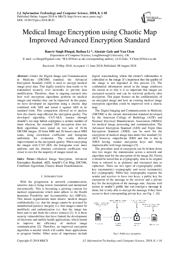 Pdf Medical Image Encryption Using Chaotic Map Improved Advanced Encryption Standard