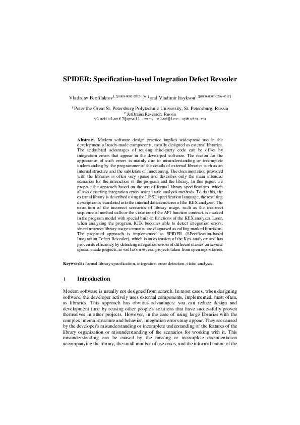 (PDF) SPIDER: Specification-based Integration Defect Revealer