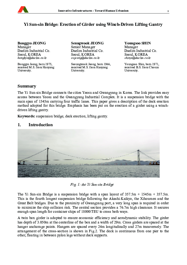 (PDF) Yi Sun-sin Bridge: Erection of Girder using Winch-Driven Lifting Gantry