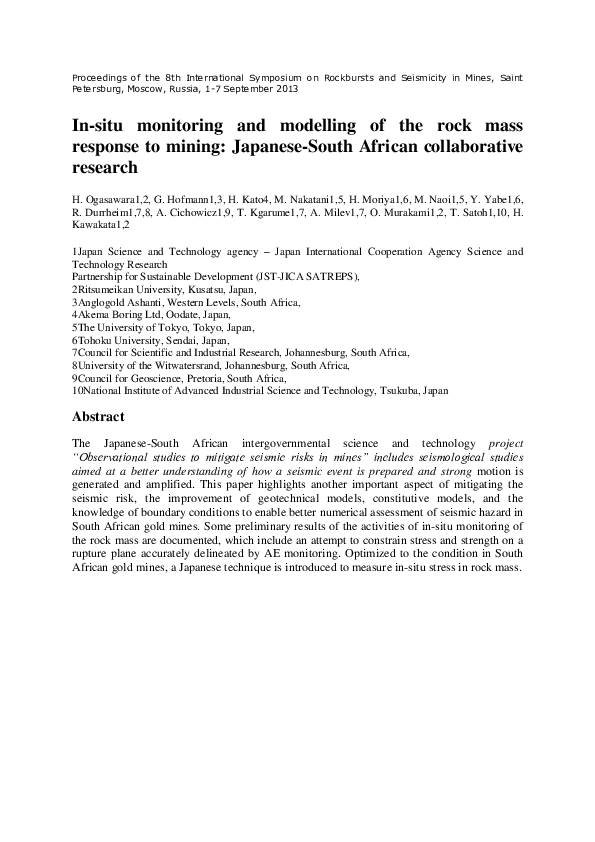 (PDF) In-situ monitoring and modelling of the rock mass response to mining: Japanese-South ...