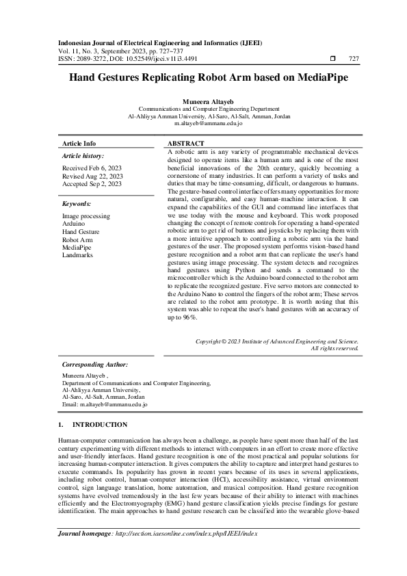 (PDF) Hand Gestures Replicating Robot Arm based on MediaPipe