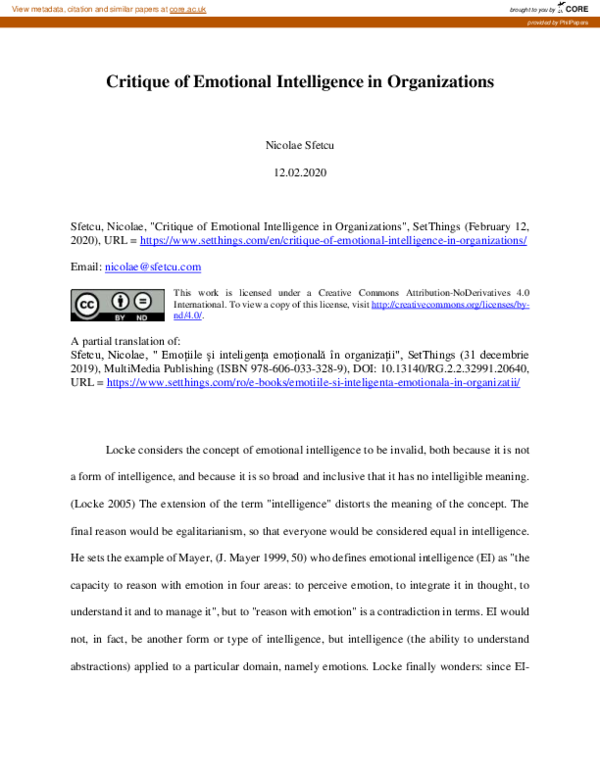 (PDF) Critique of Emotional Intelligence in Organizations