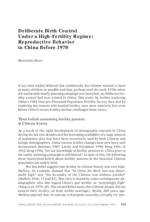 (PDF) Deliberate Birth Control Under a High-Fertility Regime: Reproductive Behavior in China ...