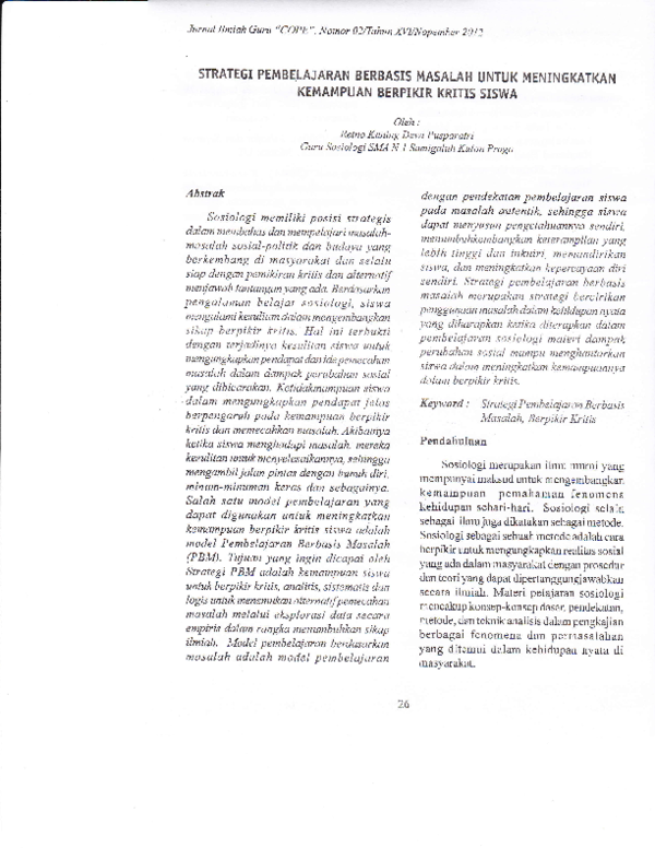 (PDF) Strategi Pembelajaran Berbasis Masalah Untuk Meningkatkan Kemampuan Berpikir Kritis Siswa