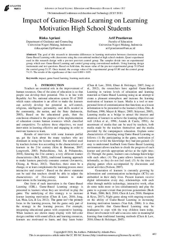 (PDF) Impact of Game-Based Learning on Learning Motivation High School Students