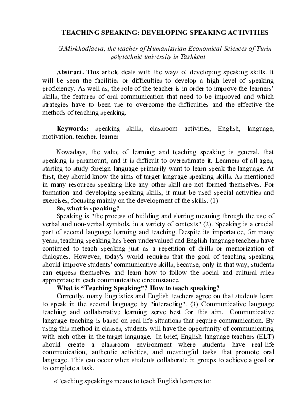 (PDF) Teaching Speaking: Developing Speaking Activities