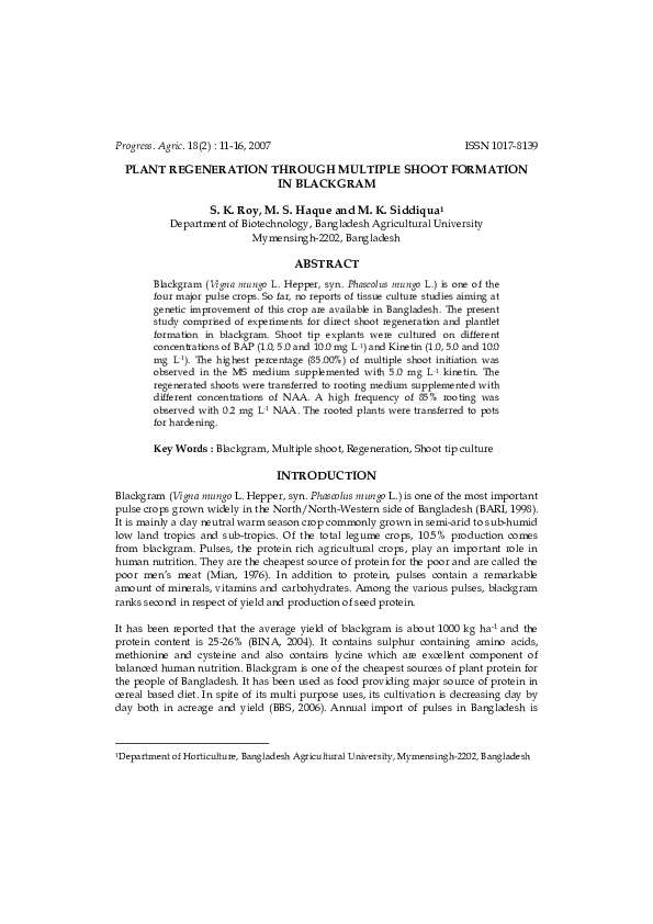 (PDF) Plant Regeneration Through Multiple Shoot Formation in Blackgram ...