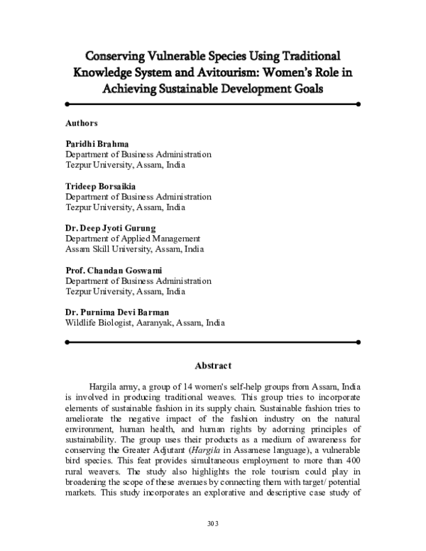 (PDF) Conserving Vulnerable Species Using Traditional Knowlege System and Avitourism: Women’s ...
