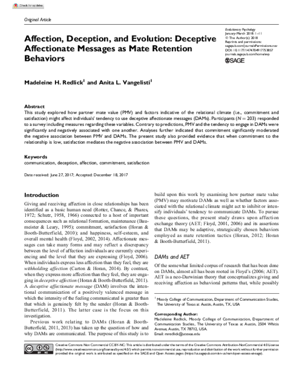 (PDF) Affection, Deception, and Evolution: Deceptive Affectionate Messages as Mate Retention ...