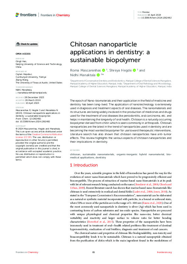 (PDF) Chitosan nanoparticle applications in dentistry: a sustainable biopolymer