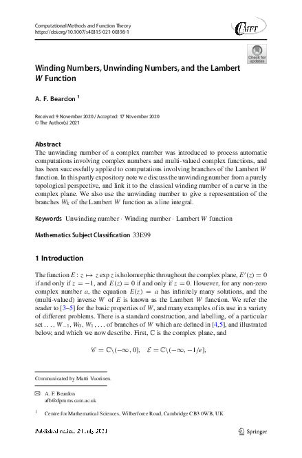 (PDF) Winding Numbers, Unwinding Numbers, and the Lambert W Function