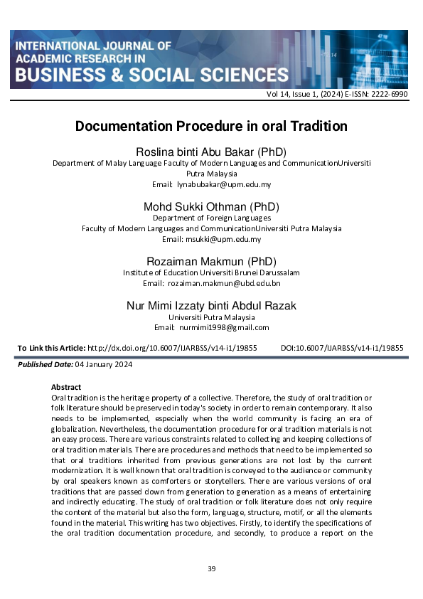 (PDF) Documentation Procedure in oral Tradition