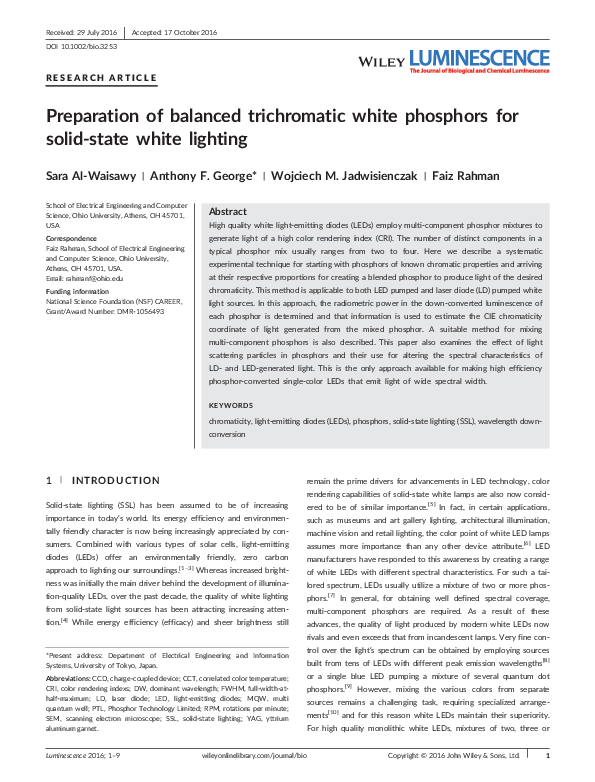 (PDF) Preparation of balanced trichromatic white phosphors for solid-state white lighting