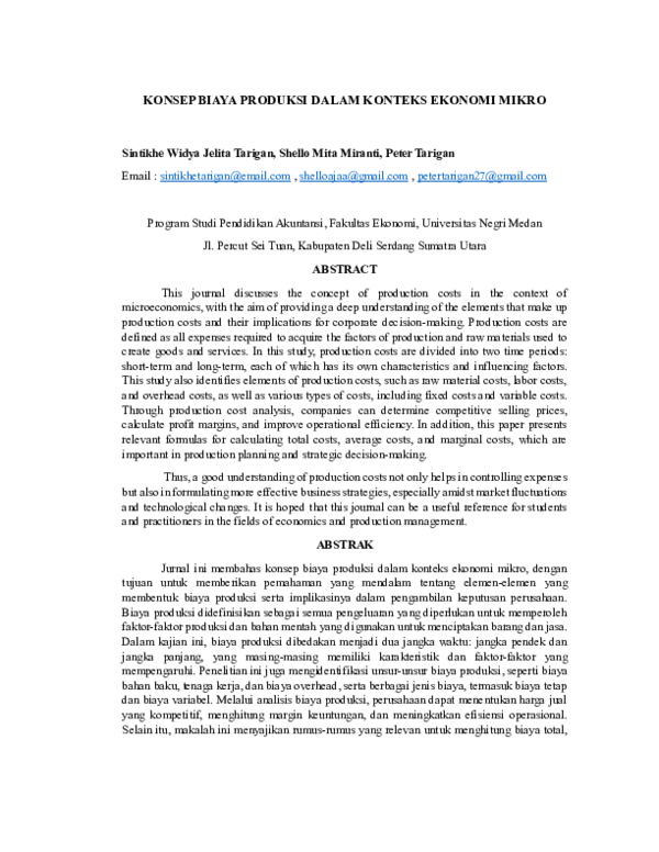 (PDF) KONSEP BIAYA PRODUKSI DALAM KONTEKS EKONOMI MIKRO