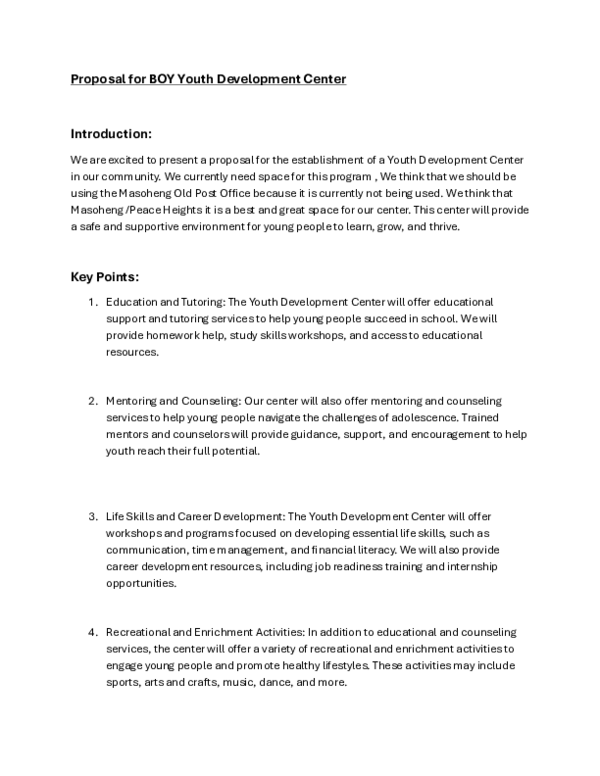 (PDF) Proposal for BOY Youth Development Center