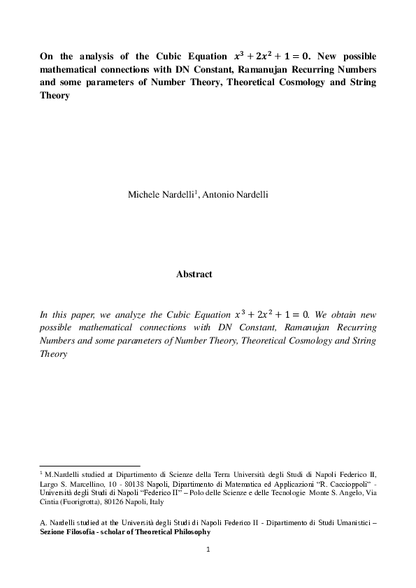 (PDF) On the analysis of the Cubic Equation x^3 + 2x^2 + 1 = 0. New possible mathematical ...