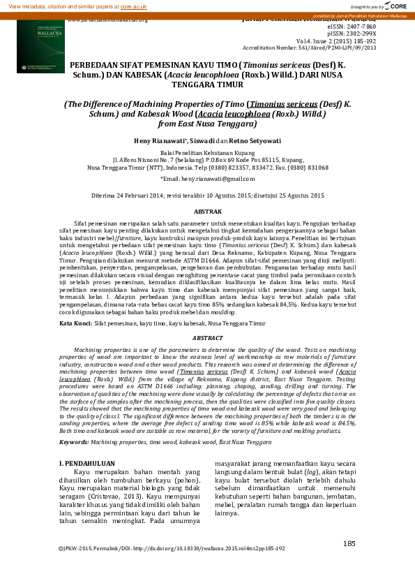 (PDF) THE DIFFERENCE OF MACHINING PROPERTIES OF TIMO (Timonius sericeus ...