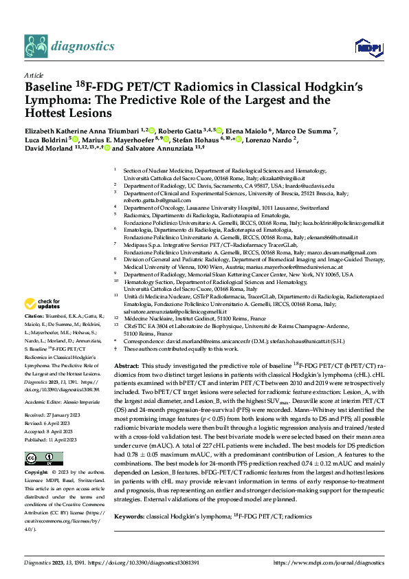 (PDF) Baseline 18F-FDG PET/CT Radiomics in Classical Hodgkin’s Lymphoma: The Predictive Role of ...