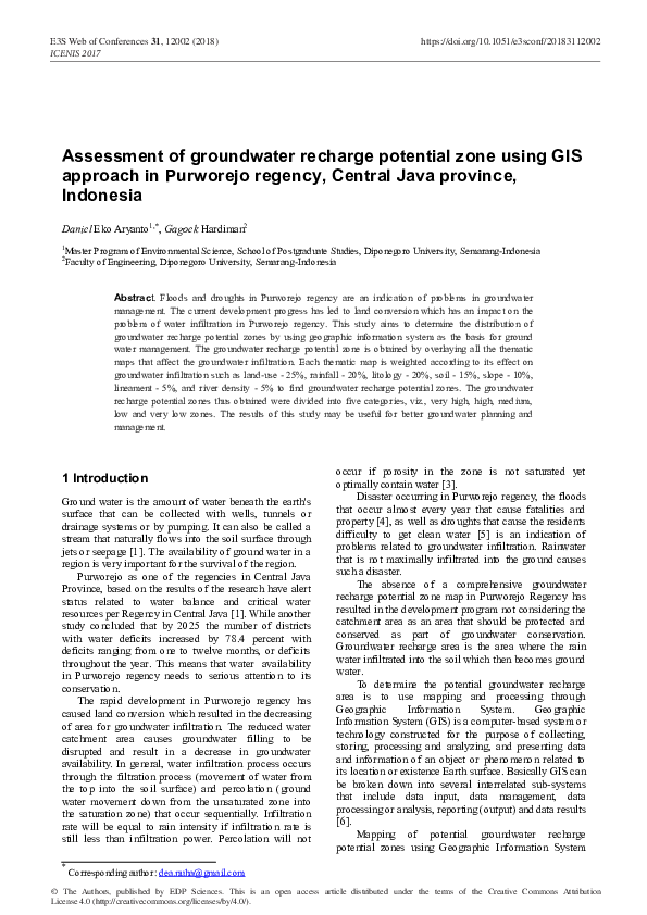 (PDF) Assessment of groundwater recharge potential zone using GIS approach in Purworejo regency ...