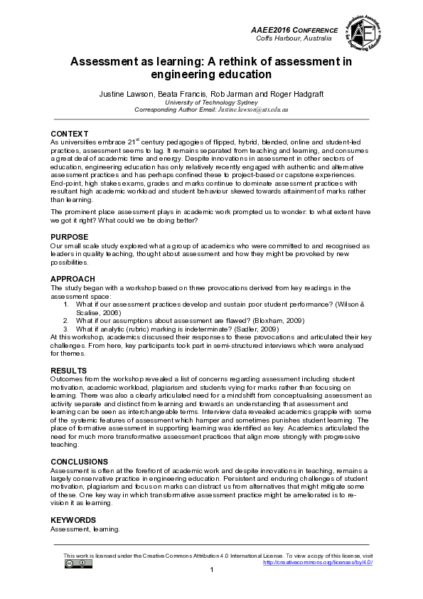 (PDF) Assessment as learning: A rethink of assessment in engineering education | Beata Francis ...