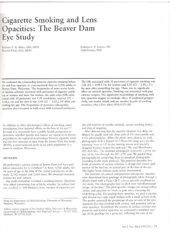 (PDF) Cigarette Smoking and Lens Opacities: The Beaver Dam Eye Study ...