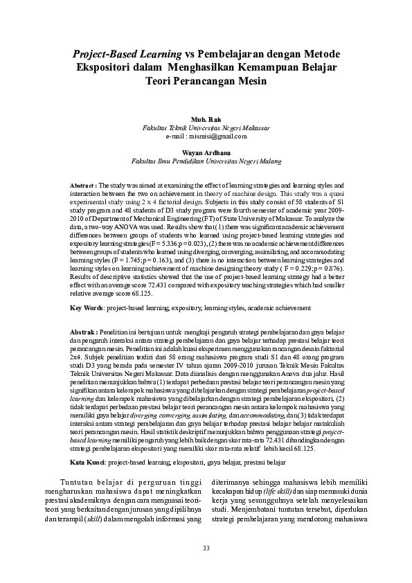 (PDF) Project-Based Learning vs Pembelajaran dengan Metode Ekspositori dalam Menghasilkan ...
