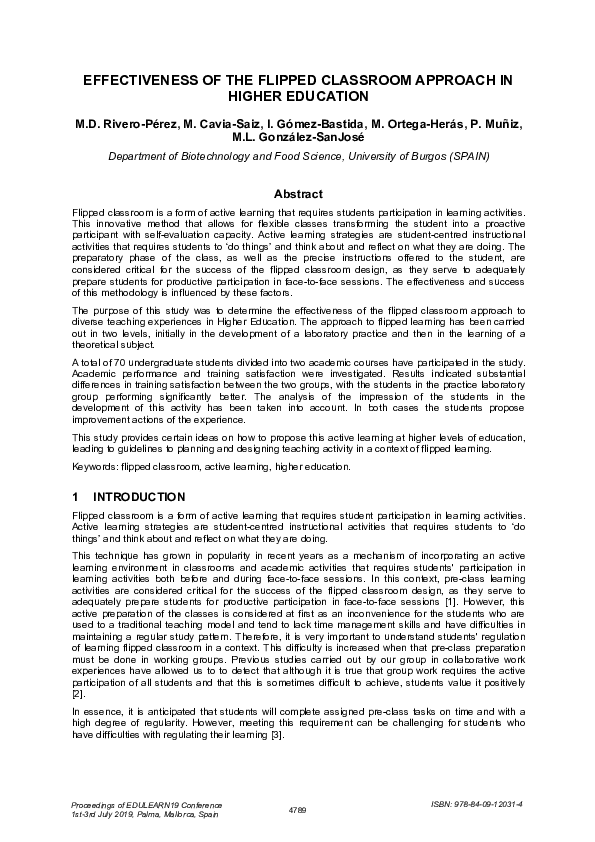 (PDF) Effectiveness of the Flipped Classroom Approach in Higher Education
