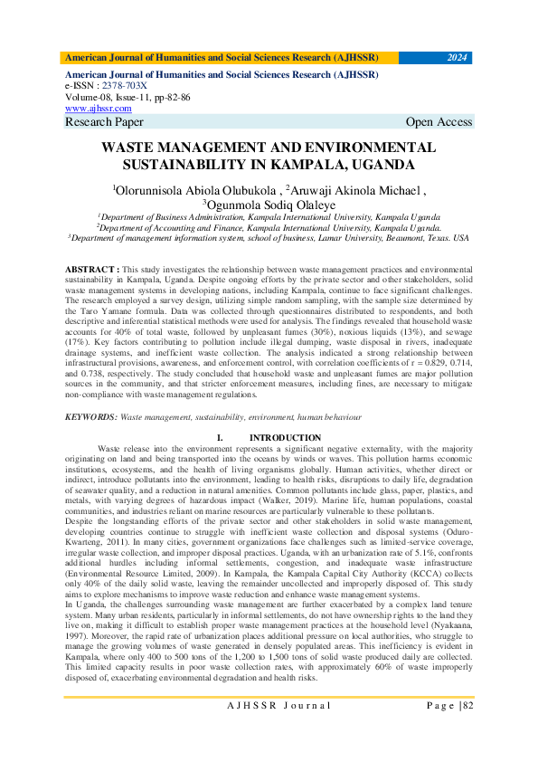 (PDF) WASTE MANAGEMENT AND ENVIRONMENTAL SUSTAINABILITY IN KAMPALA, UGANDA
