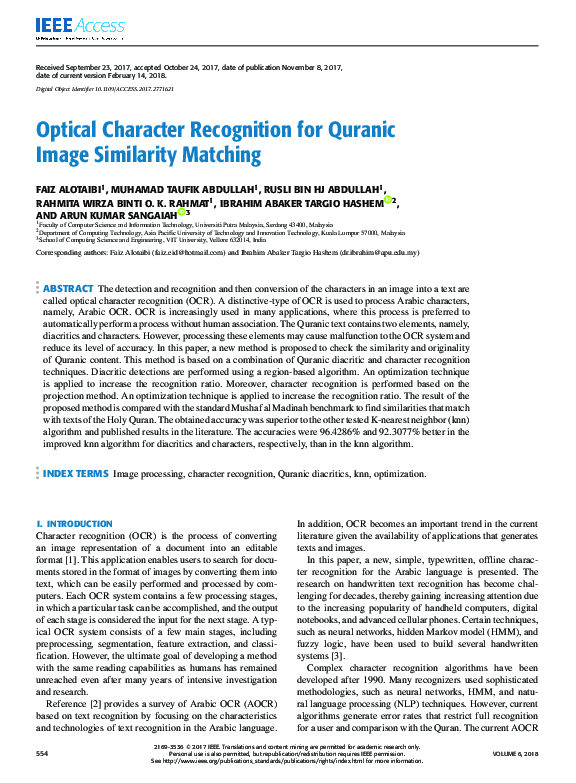(PDF) Optical Character Recognition for Quranic Image Similarity Matching