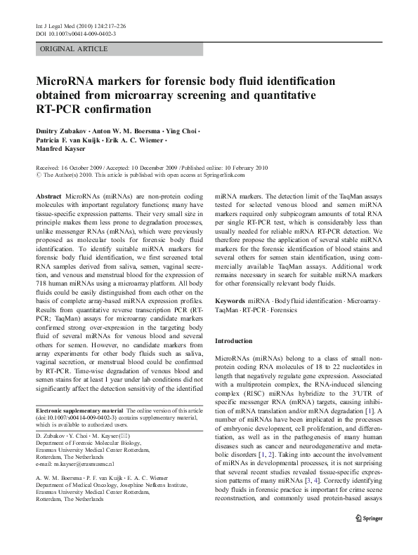 (PDF) MicroRNA markers for forensic body fluid identification obtained ... (PDF) MicroRNA markers for forensic body fluid identification obtained ...