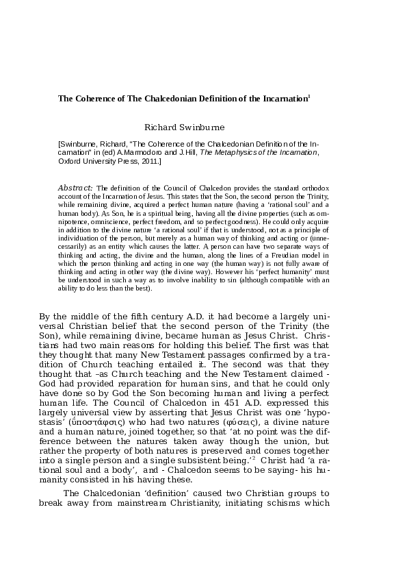 (PDF) The coherence of the Chalcedonian Definition of the incarnation1