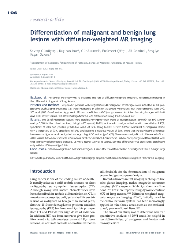 (PDF) Diffusion-weighted MRI for Lung Lesion Diagnosis