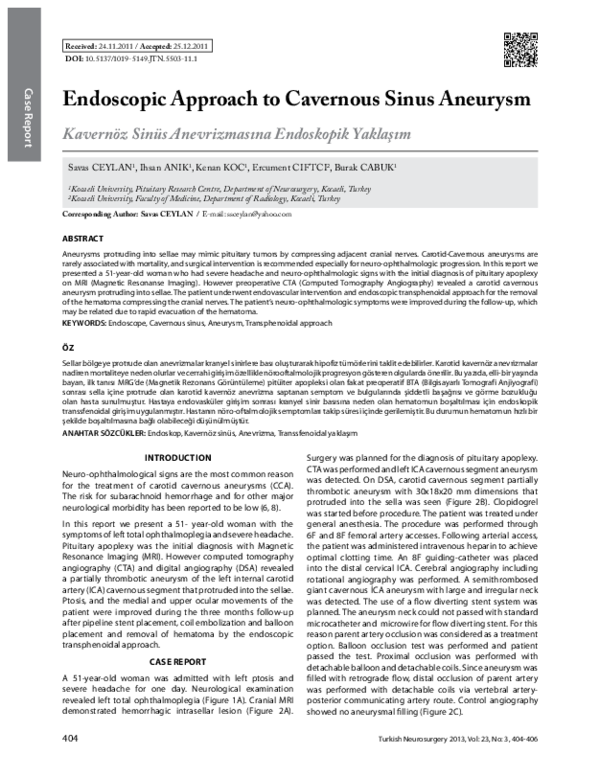 (PDF) Endoscopic approach to cavernous sinus aneurysm