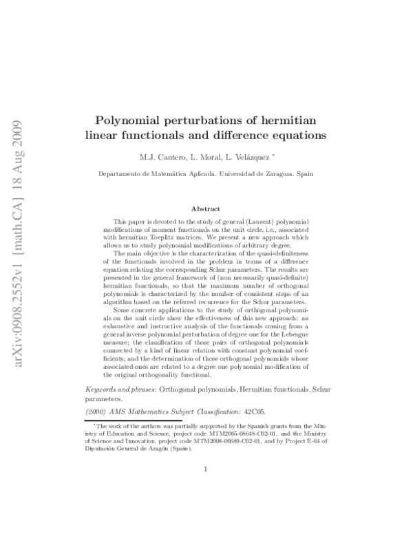 (PDF) Polynomial perturbations of hermitian linear functionals and difference equations